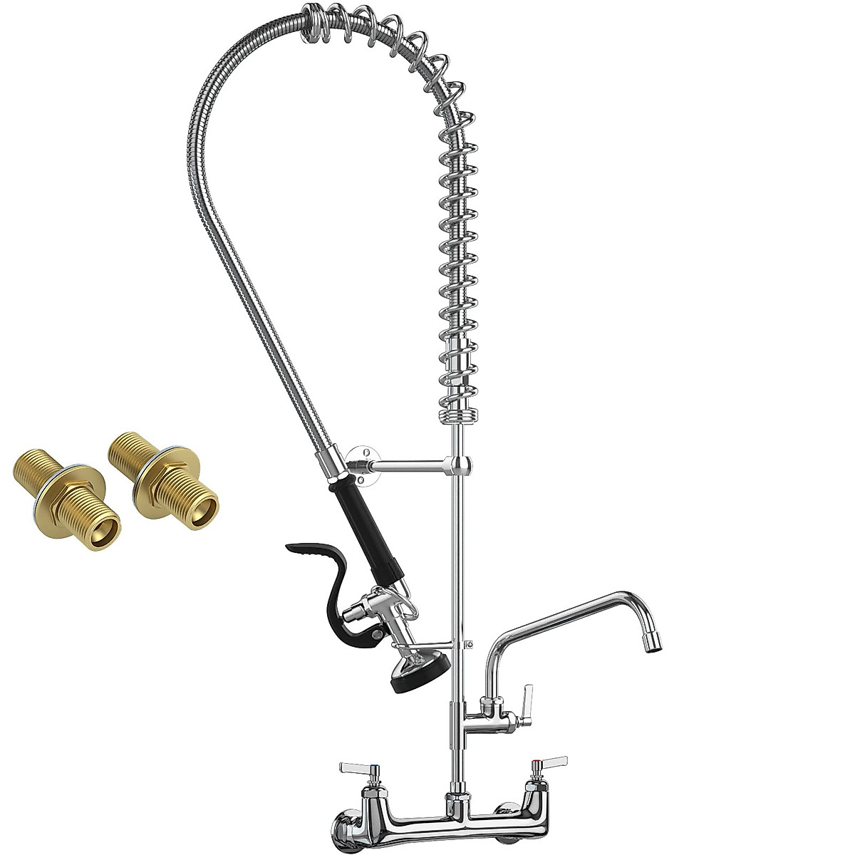 JZBRAIN Commercial Faucet with Sprayer, 36'' Height 8 Inch Center Brass Constructed Wall Mount Kitchen Sink Faucet with Pull Down Pre-Rinse Sprayer and 12" Swing Spout Fit for 2/3 Compartment Sink