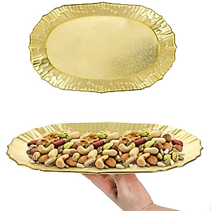 AVLA 6 Pack Plastic Serving Tray, Gold Serving Platter Set, Reusable Party Snack Serving Tray, Decorative Food Appetizer Platters for Dessert Table, Cupcake, Charcuterie, Cookies, 14" x 8.5"