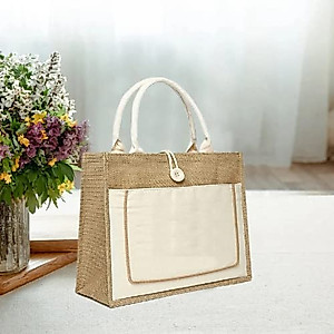 Globyz Jute Bag With White Canvas Pocket And Button Closer Burlap Tote Bag With Initial Tote Present for Birthday And Holiday (M, Large (14H*16L*7W))