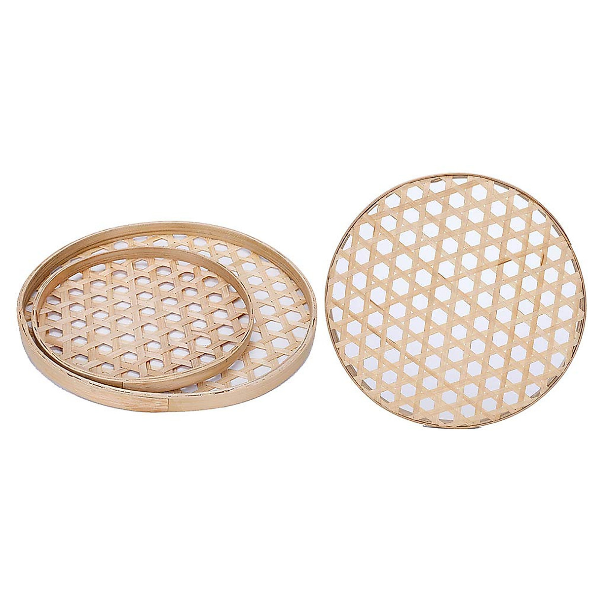 100% Handwoven Flat Wicker Round Fruit Basket Woven Food Storage Weaved Shallow Tray Organizer Holder Bowl Decorative Rack Display Kids DIY Drawing Board (Hexagon Hollow-Bamboo-White, 30cm/11.8")