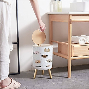 Small Trash Can with Lid Seamless with cartoon dogs for kids Abstract art print with puppies Waste Bin with Wood Legs Press Cover Wastebasket Round Garbage Bin for Kitchen Bathroom Bedroom Office