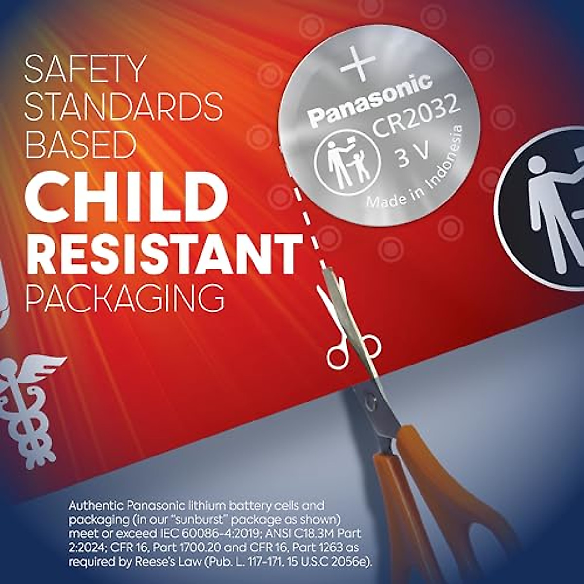 Panasonic CR2032 3.0 Volt Long Lasting Lithium Coin Cell Batteries in Child Resistant, Standards Based Packaging, 4-Battery Pack