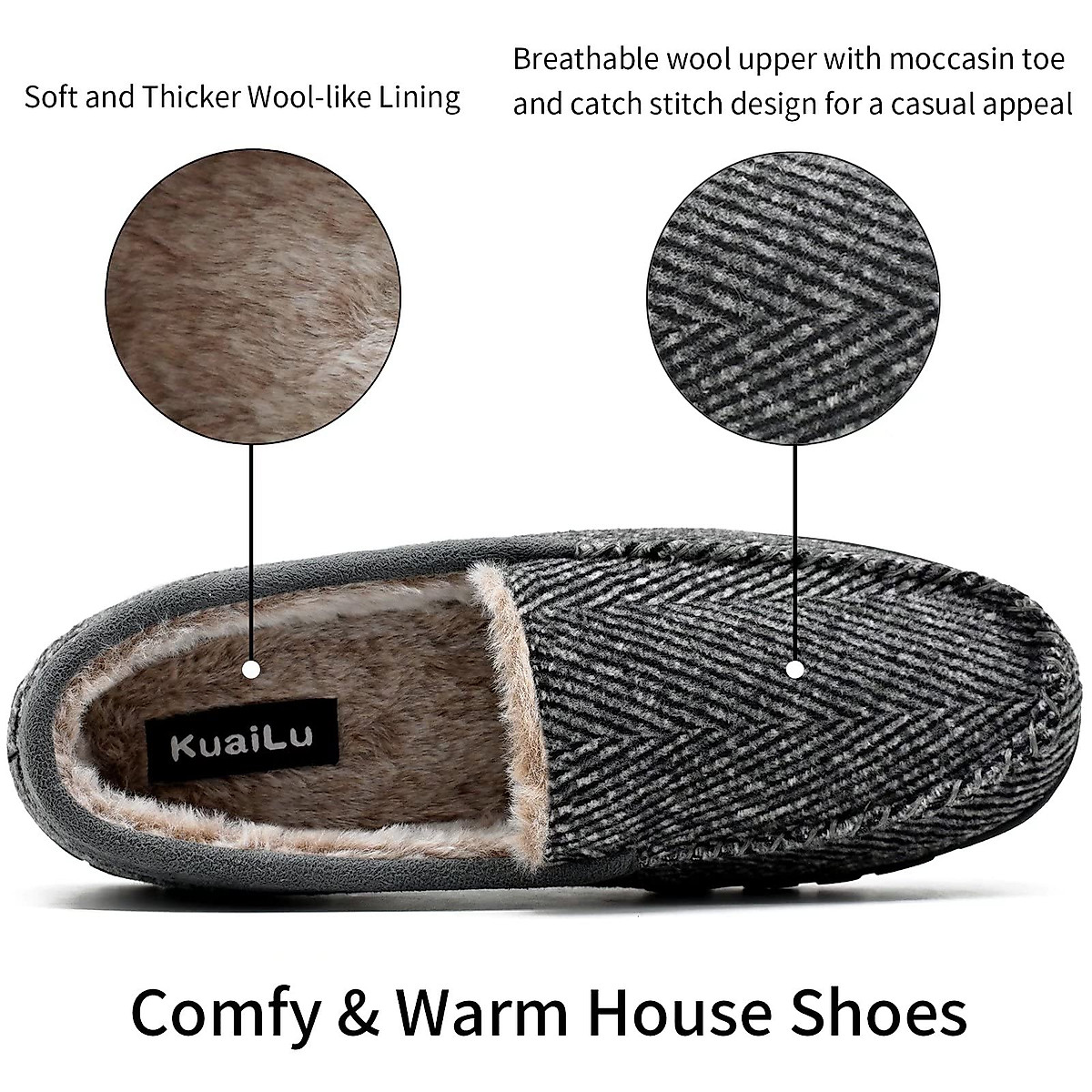 KuaiLu Mens Slippers Cozy Memory Foam Moccasin Slippers Fuzzy Warm House Shoes with Indoor Outdoor Rubber Sole Grey Size 9…