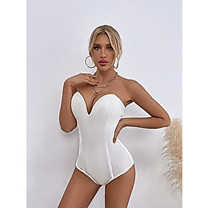 Clothink Women Strapless Velvet Bodysuit Back Lace Up Jumpsuit,Sexy Bodysuit Top Playboy Bunny Halloween Costume White M
