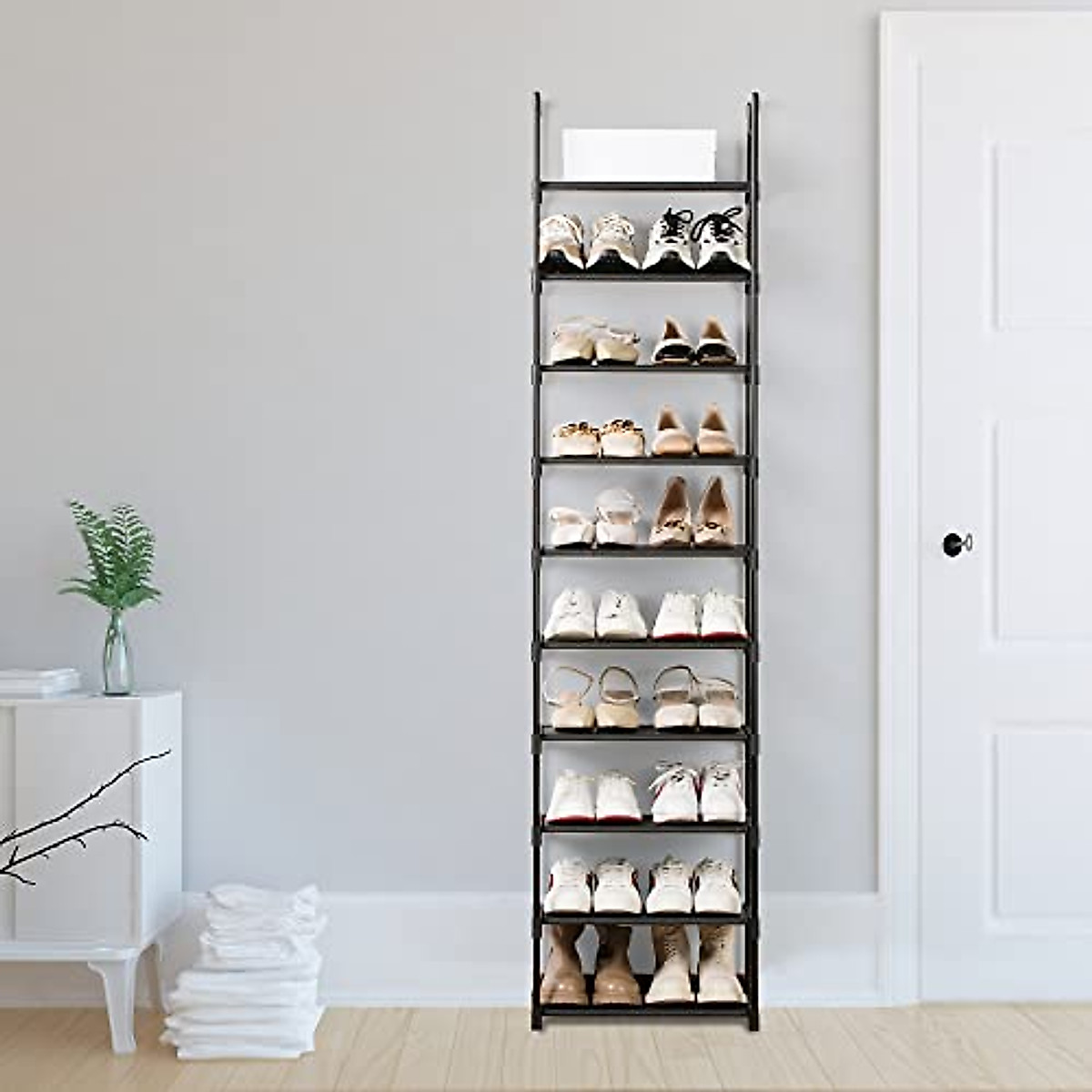 HODYANN 10 Tiers Shoe Rack, 20 Pairs Narrow Shoe Rack Organizer, Space Saving Non-Woven Fabric Metal Shoe Shelf, Stackable Large Shoe Rack for Closet (Black-N)