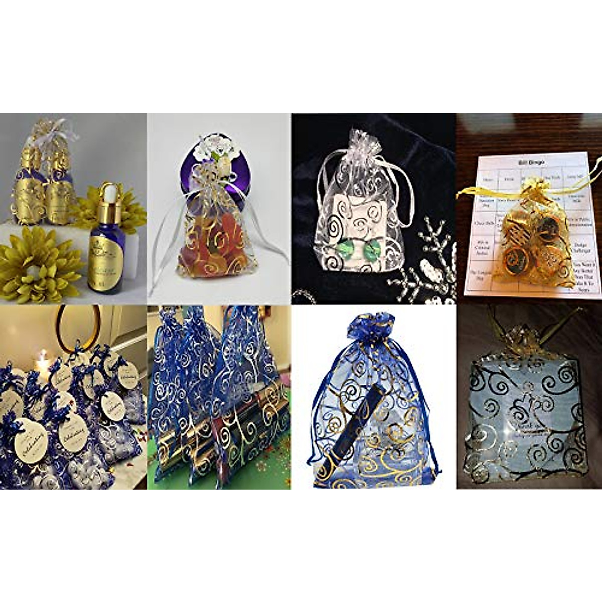 Ankirol 100pcs Sheer Organza Favor Bags For Wedding Baby Shower Rattan Print Gift Bags Samples Display Drawstring Pouches (3x4 inch, blue)