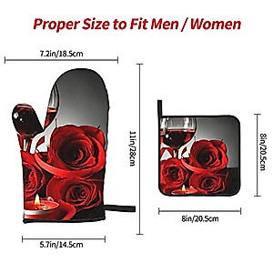 YILEQUAN Red Rose Wine Glass and Candle Print Oven Mitts Pot Holders Sets,Kitchen Glove High Heat Resistant 500 Degree Potholder,Surface Safe for Baking, Cooking, BBQ,Pack of 3