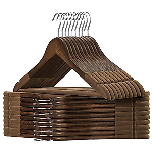SONGMICS Velvet Wooden Hangers, Set of 20 Wooden Hangers with Velvet Surface, Non-Slip Coat Hangers with Shoulder Grooves, Pants Bar, 360° Swivel Hook, for Jackets Shirts, Dark Walnut UCRW012V02