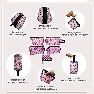 TRAKWAN 5 Pieces Mesh Heart Makeup Bags Sets, Zipper Mesh Cosmetic Bag Toiletry Bag, Travel Makeup Bags for Women, Small Items Storage Organizer Bags for Home Office Travel (Pink)