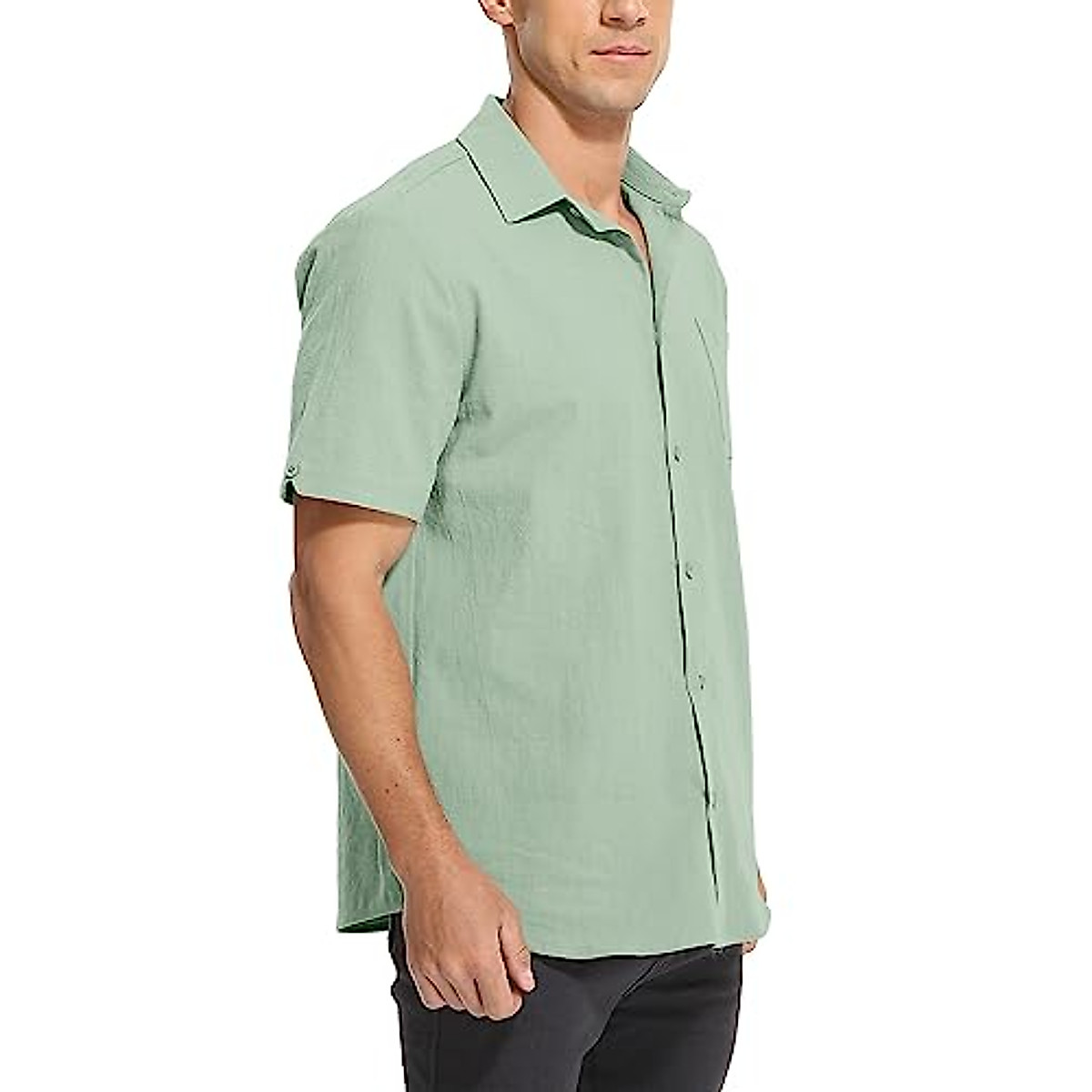 TUREFACE Shirts for Men Casual Button Down Short Sleeve Cotton Dress Shirt Big ANG Tall for Summer(Light Green,XL)