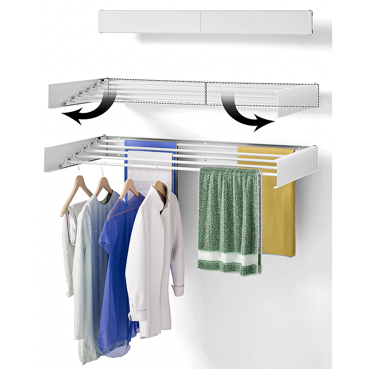 Wall Mounted Drying Rack 40",Laundry Drying Rack Collapsible, Retractable Clothes Drying Rack, 5 Aluminum Rods, 60 lb Capacity, with Wall Template, Screw, Drill Bit (White 40" Large)