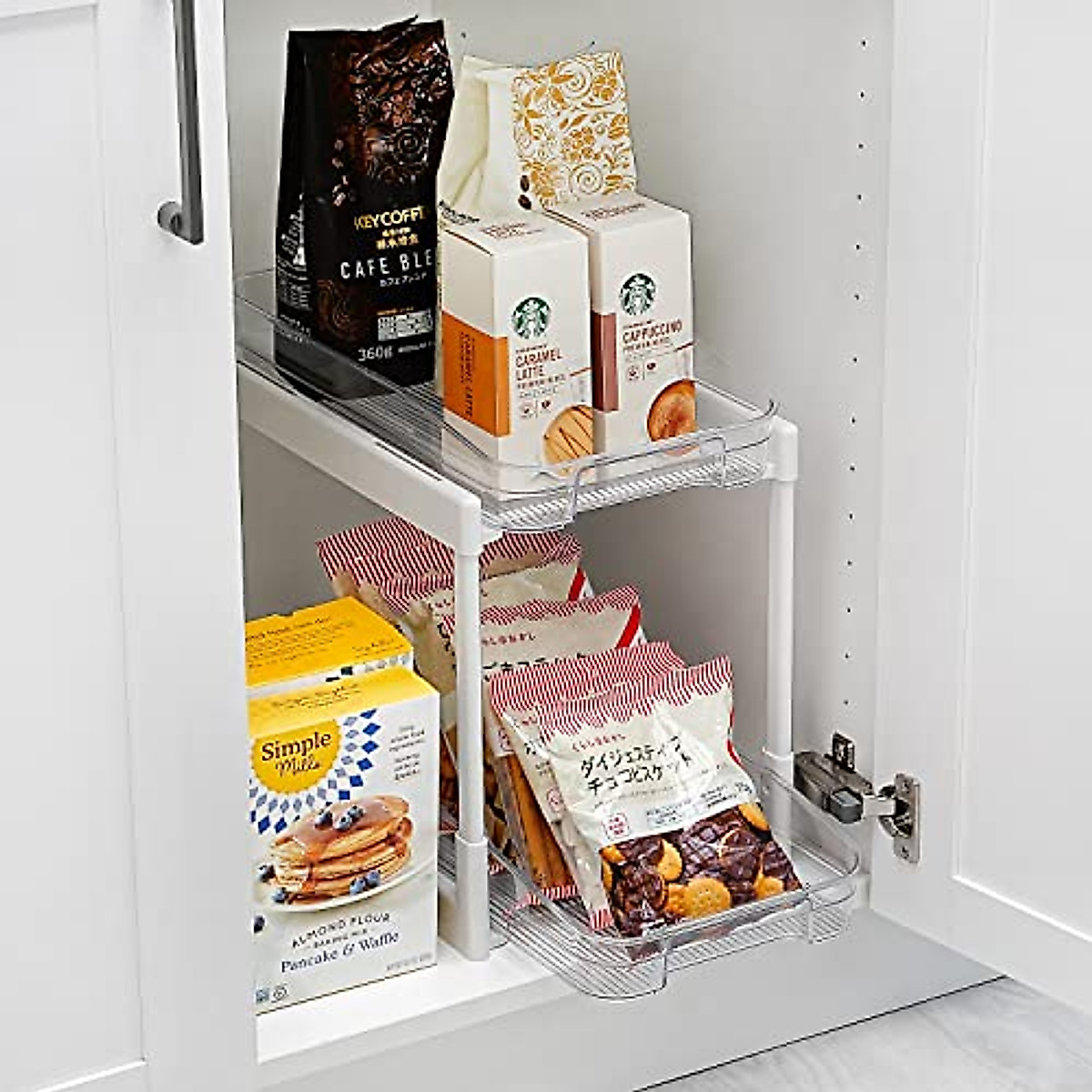 CAXXA 2 Tier Under Sink Cabinet Organizer Slide-Out Storage Drawer with Hooks for Kitchen, Bathroom,Vanity Counter (Clear)