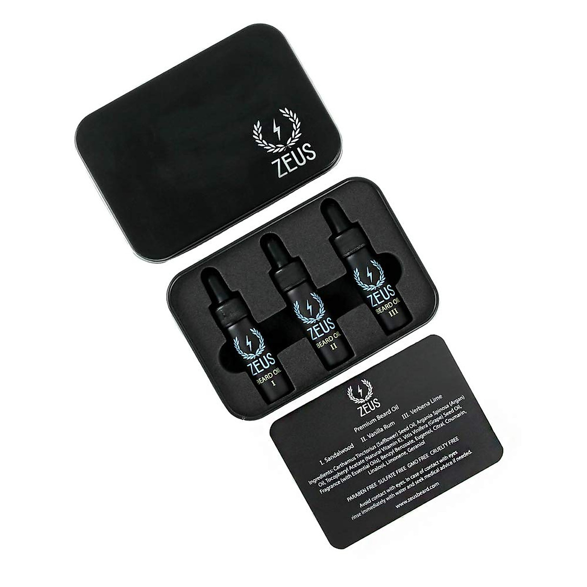 ZEUS Beard Oil Coffret Sampler Set - 3 Beard Oil Vial Sample Kit (Sandalwood, Verbena Lime & Vanilla Rum) MADE IN USA