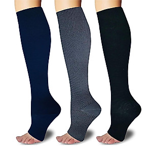 3Pairs Toeless Open Toe 15-20mmH Compression Socks for Men Women Support Knee High Stockings (Gray+Navy+Black, L/XL)