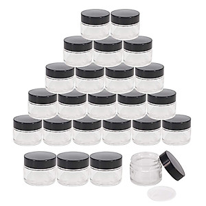 BPFY 24 Pack 2 oz Round Clear Glass Cosmetic Jars with Inner Liners and Black Lids, Travel Jars, Refillable Containers for Makeup, Cream, Lotion, Sugar Scrubs, Eye Shadow, Slime, Paint, Jewelry