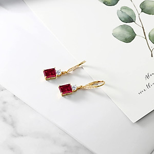 Gem Stone King 18K Yellow Gold Plated Silver Red Created Ruby and White Topaz Dangle Earrings For Women (6.26 Cttw, Gemstone July Birthstone, Emerald Cut 9X7MM)