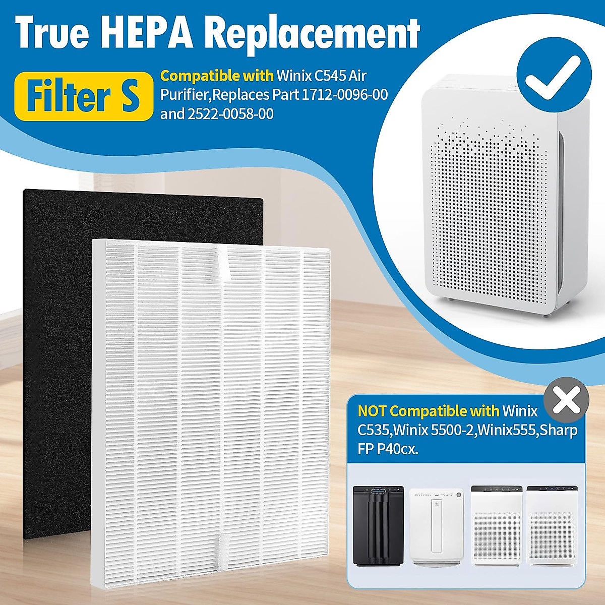 Gazeer C545 True H13 HEPA Replacement Filter S Compatible with Winix C545,Replacement for Winix S Filter Part 1712-0096-00 and 2522-0058-00, 2 x True HEPA Filter + 8 x Activated Carbon Pre-Filters