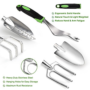 Garden Tool Set with Non Slip Rubber Grip,8 Piece Stainless Steel Gardening Tool Sets,Heavy Duty Outdoor Hand Tools Durable Storage Tote Bag,Uprooting Weeding Tool, Gifts for Women Men Green