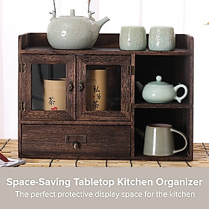Wooden Box Kitchen Drawer Organizer for Coffee Station or Kitchen Counter - Console Table Caddy w Glass Door Cabinet & Drawer - Wood Countertop Organization and Storage for Tea & Coffee Accessories - Coffee Pod Holder - Utensil Holder