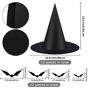 Elcoho 12 Halloween Black Witch Hats, Costume Accessories Caps, 32 3D Bat Wall Stickers for Yard Party