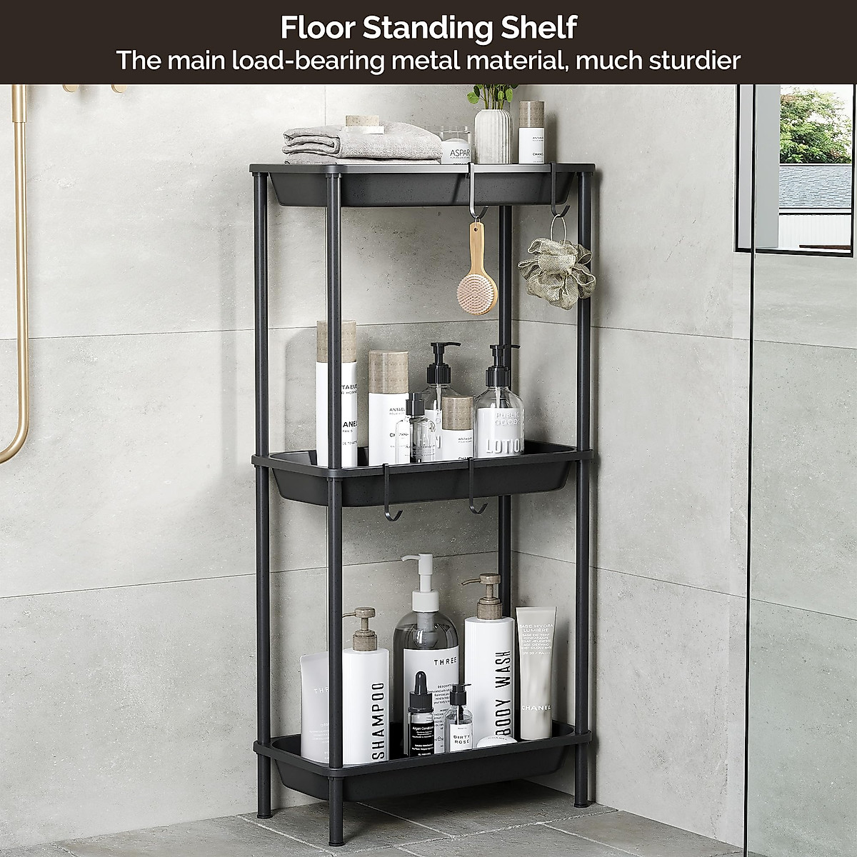 Orimade Rustproof 3 Tier Floor Standing Shower Caddy Organizer, Plastic Metal Splicing Floor Shelf Rack Stands for Bathroom Kitchen,15.35 x 29.33 x 7.87’’, Black