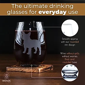 Greenline Goods French Bulldog Stemless Wine Glasses (Set of 2) - Unique for Dog Lovers - Etched 2-Sided Frenchie Silhouette with Breed Name on the Bottom