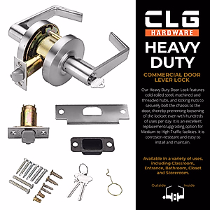 CLG HARDWARE Commercial Lever Door Lock - Heavy-Duty Locking Door Handle, Designer Door Handles, Cylindrical Lever Lock, Non-Handed Grade 2 Industrial Door Handle, 26D Satin Chrome, Classroom Function