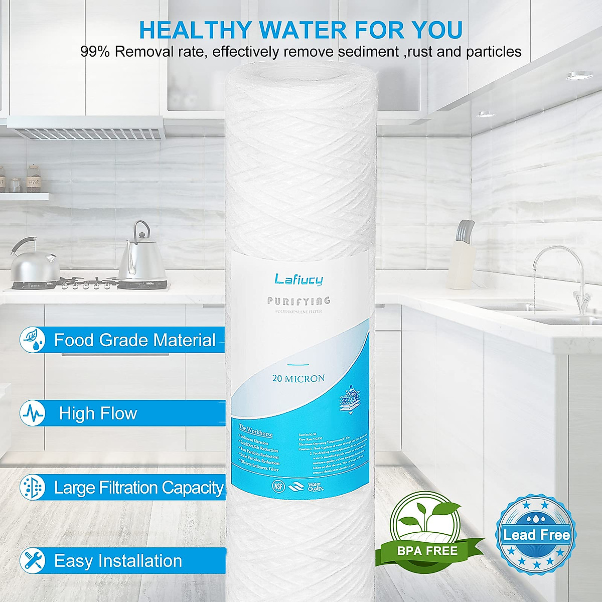 Lafiucy 20 Micron 10" x 2.5" String Wound Sediment Water Filter Cartridge,5 Pack,Whole House Sediment Filtration, Universal Replacement for Most 10 inch RO Unit