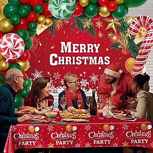 Christmas Decorations, Christmas Party Decorations-Christmas Balloon Arch Garland Kit with Green Red Candy Cane Balloons, Merry Christmas Backdrop Banner Tablecloths for XMAS Decorations Supplies