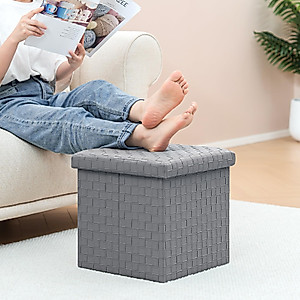 B FSOBEIIALEO Storage Ottoman, Faux Leather Footrest Seat, Ottoman with Storage Cube Toy Box Chest, 15"x15"x15" (Grey, Medium)