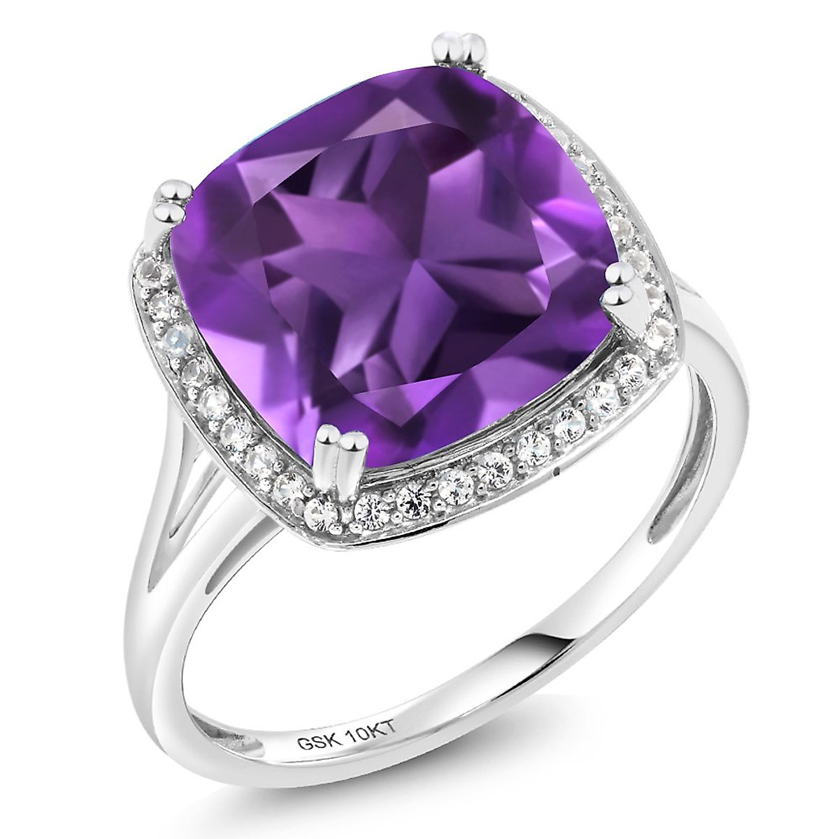 Gem Stone King 10K White Gold Purple Amethyst and White Created Sapphire Engagement Ring For Women (6.74 Cttw, Cushion Cut 12MM, Gemstone Birthstone, Available In Size 5, 6, 7, 8, 9)