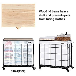 Laundry Hamper with Heavy Duty Caster Wheels; 3 Sections Clothes Hamper with Lid; 132L Laundry Basket with Removable Liner Bag; Laundry Sorter with Metal Handle (White)