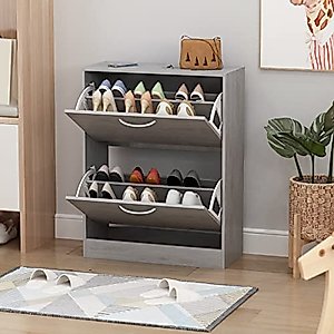 Grey Wood 12-Pair Shoe Storage Cabinet W/ 2 Flip Drawers Modern Contemporary Scandinavian MDF Matte Hidden Includes Hardware