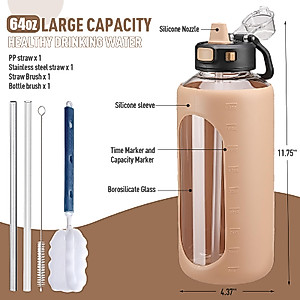 Kodrine 64 oz Half Gallon Water Bottle with Straw, Large Glass Water Bottle with Locking Leak-Proof Lid and Soft Silicone Spout, Water Jug with Carry Handle, Motivational Time Marker, Amber