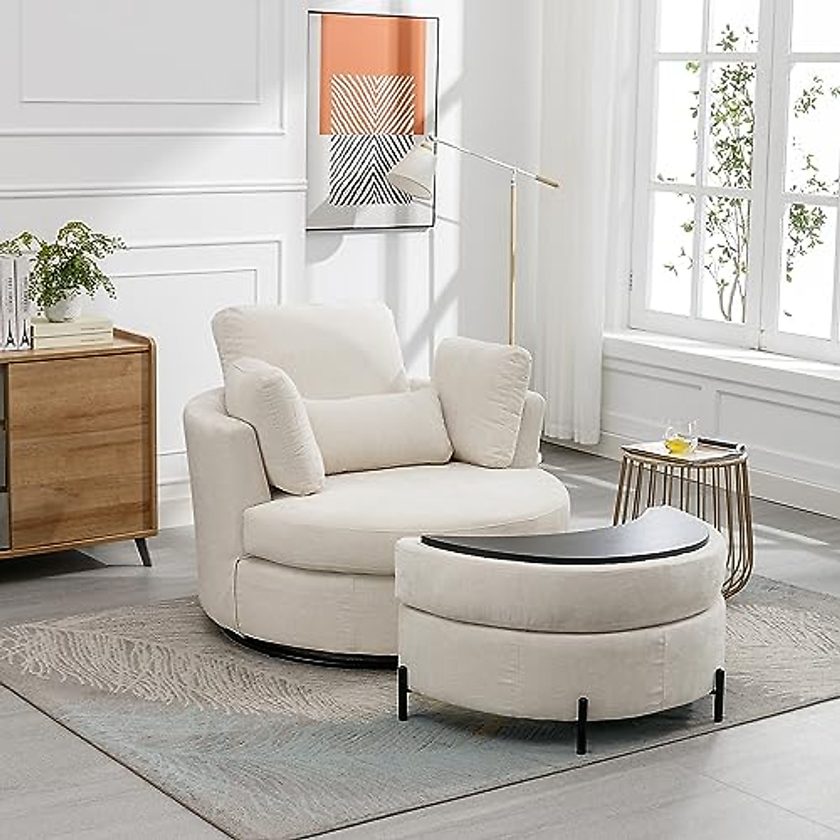 360° Swivel Accent Barrel Chair and Half Crescent Moon Storage Bench Large Ottoman with 4 Pillows,Upholstered Oversized Leisure Round Loveseat Recliner Sofa Chaise Lounge Circle Armchair for Club