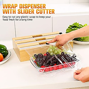 2 in 1 Foil and Plastic Wrap Organizer, Bamboo Packaging Dispenser with Cutter for Kitchen Foil, Plastic Wrap Organizer, Compatible with 12" Rolls