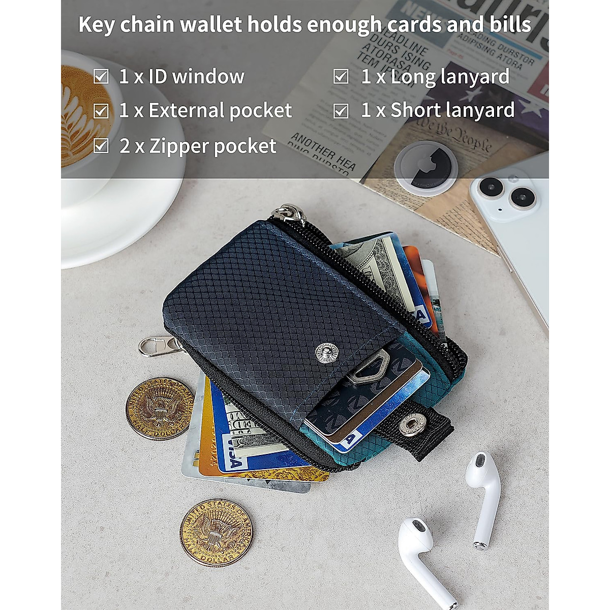 Artpaxy Minimalist Wallet For Mens Womens, Keychain RFID Blocking Zipper Small Wallet with ID Window 2 Lanyards,Water Resistant Travel Cash Card Coin Case Boys Girls