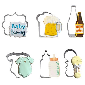 Beer Themed Cookie Cutters Stainless Steel, Baby Brewing Beer Set Beer Mug Bottle Onesie Rattle Baby Bottle Photo Plaques Dough Fondant Biscuit Molds for Baby Shower