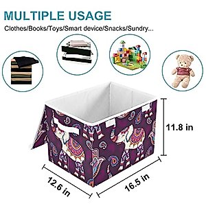 CaTaKu Bohemia Elephant Storage Bins with Lids and Handles, Fabric Large Storage Container Cube Basket with Lid Decorative Storage Boxes for Organizing Clothes
