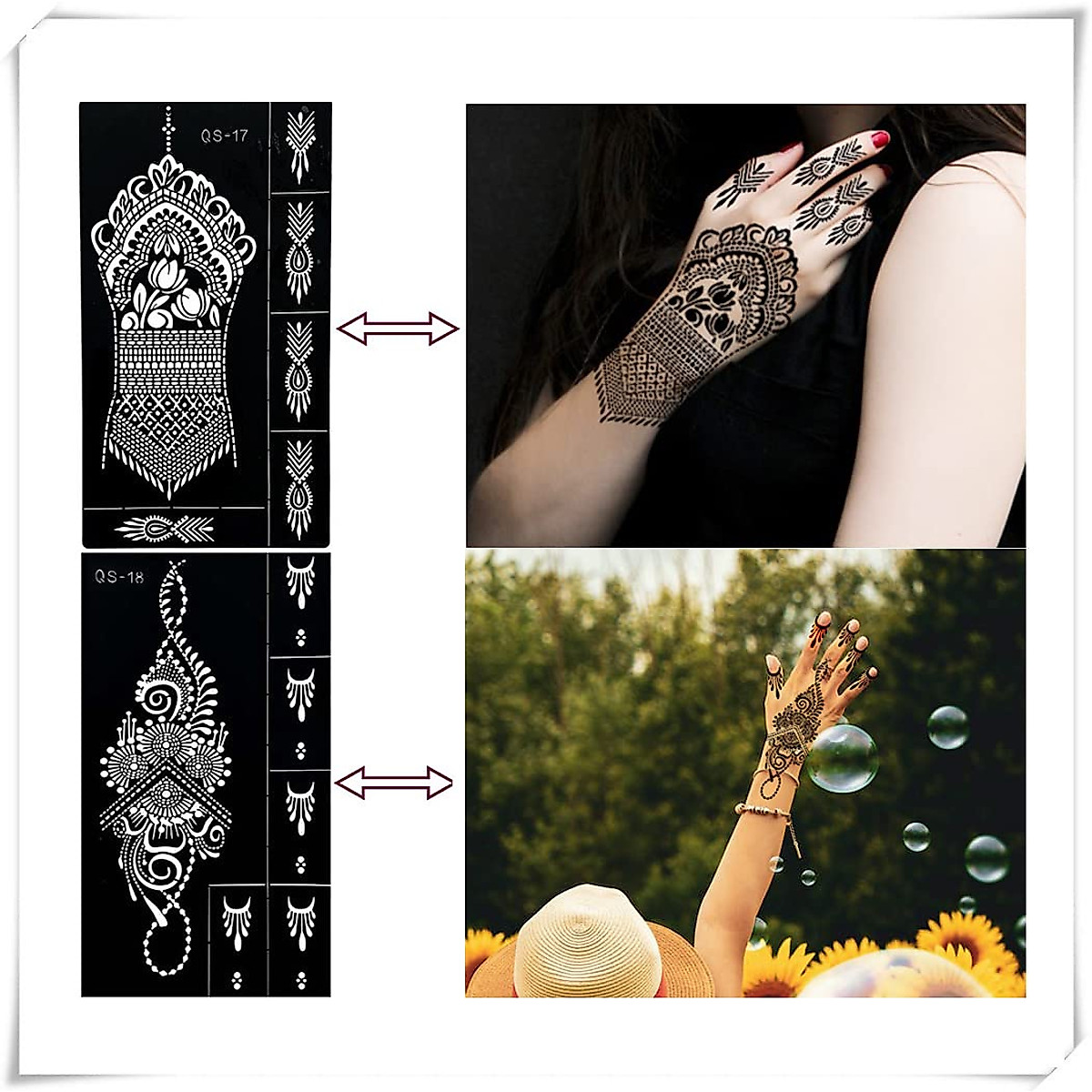QSTOHENA 9 Sheets Henna Tattoo Stencils kit for Hand Reusable, Mehndi Temporary Tattoo Adhesive Templates Flower stencils for Women Girls Face Body Finger Art Paint