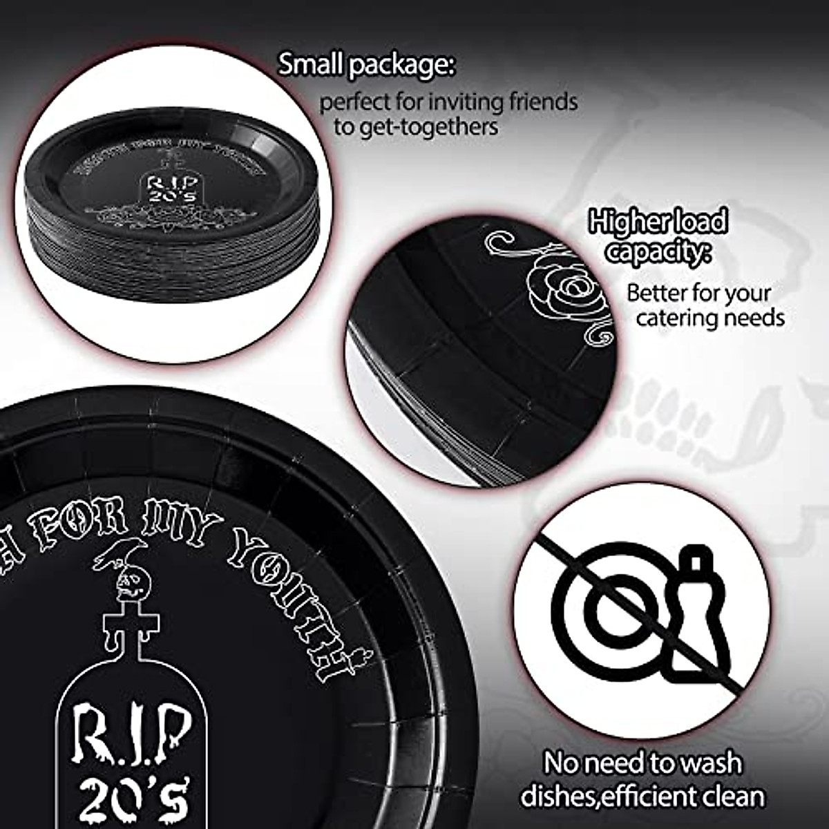 Bokon 50 Pcs 30th Birthday Plates Rip Twenties Plates Birthday Cake Plates Anniversary Party Supplies Death to My 20s Birthday Decorations for 30th Birthday, 9 Inches, Black