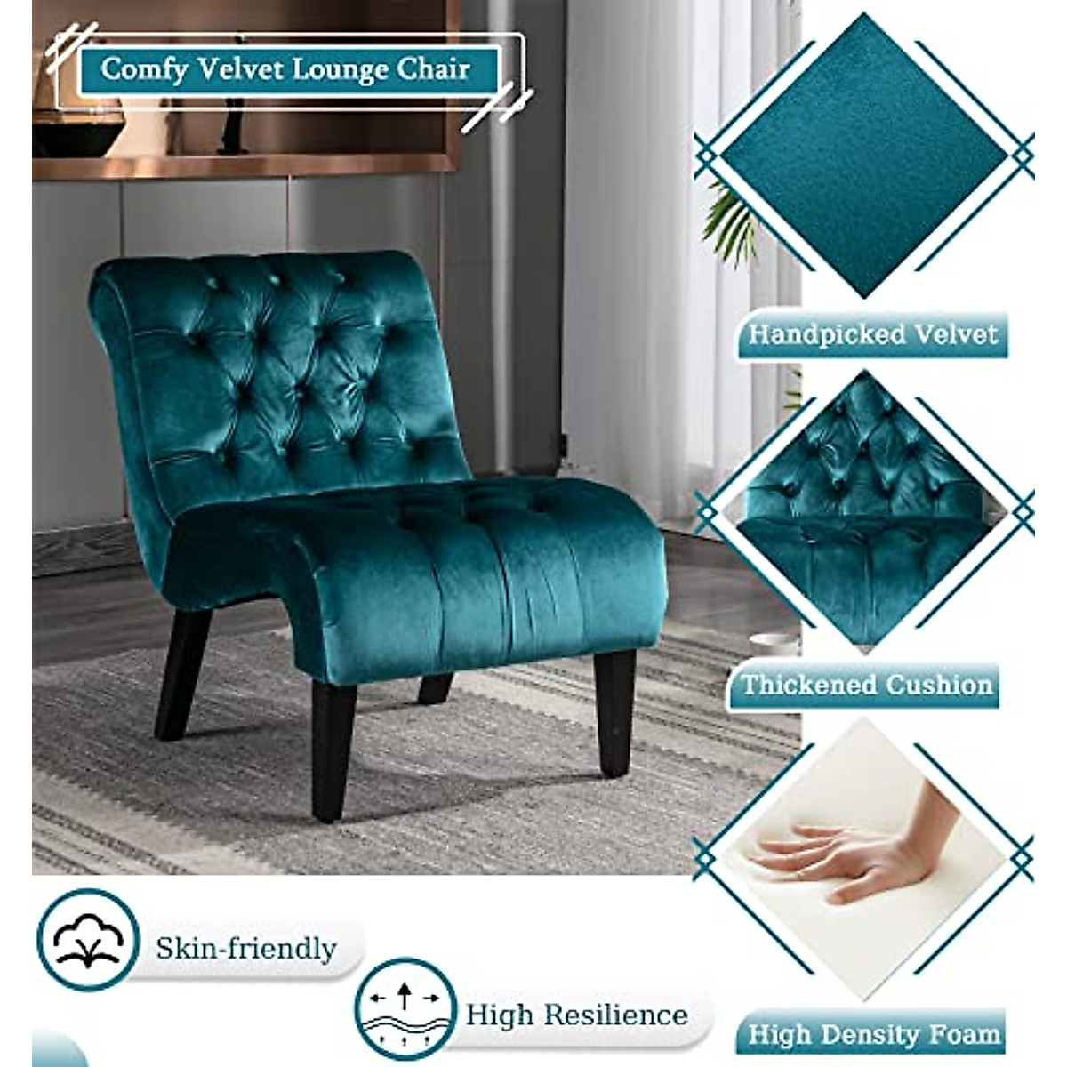 SmartDer Comfy Velvet Accent Chair, Upholstered Armless Side Chair for Living Room, Modern Lounge Chair with Tufted Back and Rolled Edge Design, Comfy Reading Chair with Solid Rubber Wooden Legs,Teal