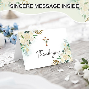 BYBOUS 25 Pack Thank You Cards with Envelope & Stickers, 4 * 6in Watercolor Cross Flower Blank Inside Thank You Card for Baptism, Wedding, Funeral, Bridal Shower, Baby Shower, Communion
