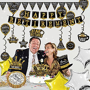 Happy Retirement Party Decorations supplies - (80pack) black gold party Banner, Pennant, Hanging Swirl, retirement balloons, Tablecloths, cupcake Topper, Crown, plates, Photo Props, retired Sash