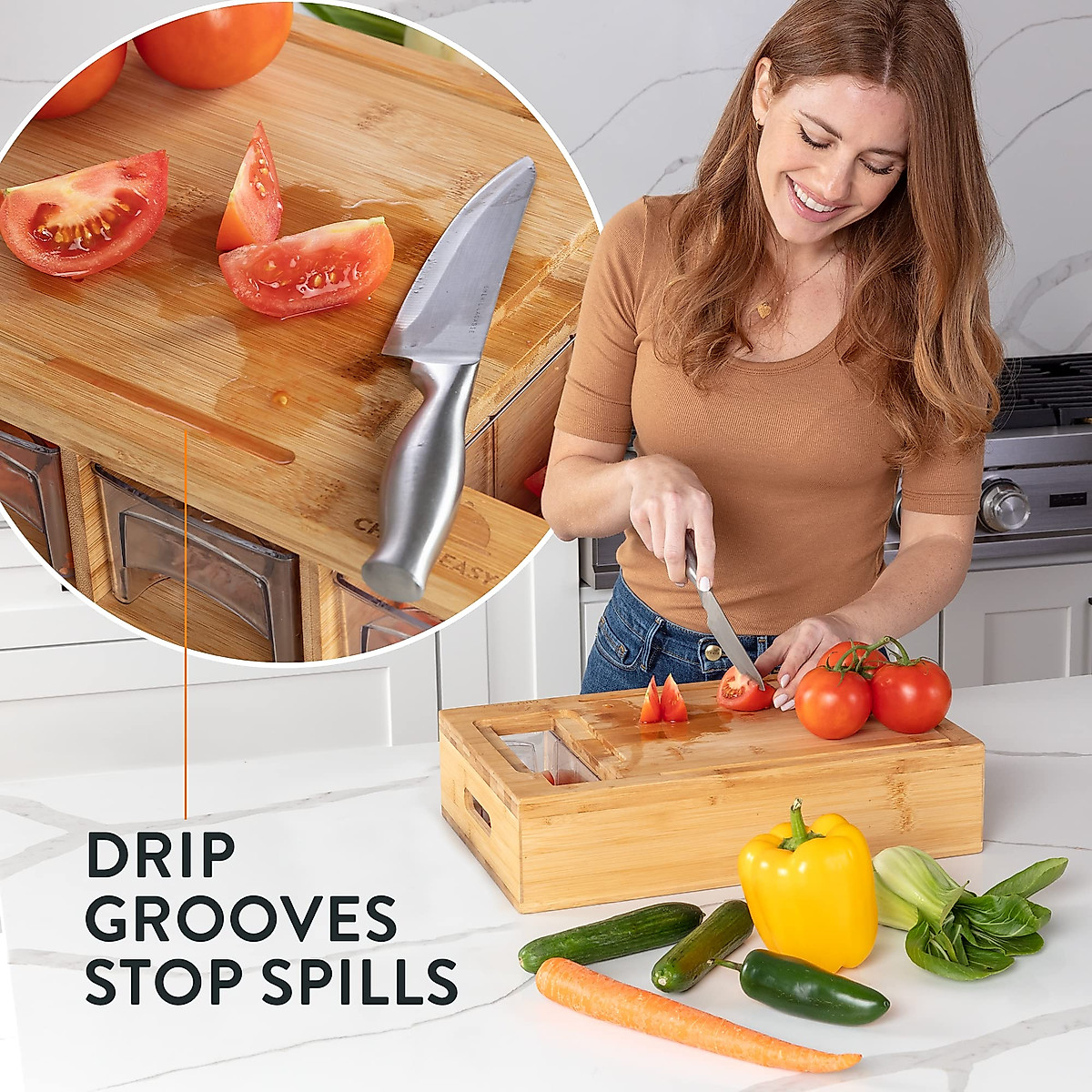 Chopping Board with Storage and Food Prep Station - Meal Prep Station, Bamboo Cutting Board with Juice Grooves, Four Containers & Assorted Graters