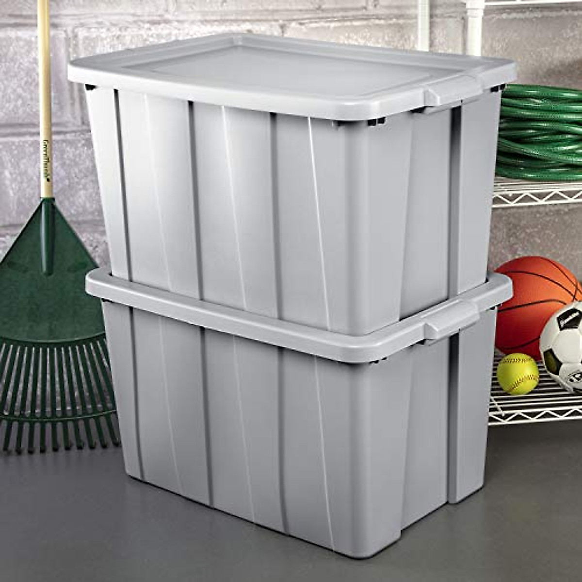 Sterilite 16796A04 Storage Tote, 30 gallon, Cement Lid and Base (Pack of 4) & 19849806 18 Quart/17 Liter Ultra Latch Box, Clear with a White Lid and Black Latches, 6-Pack