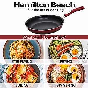 Hamilton Beach 12" Fry Pan Nonstick Coating, Aluminum Frying Pan with Nonstick for Stove Top with Soft Touch Bakelite Handle, Durable Scratch Resistant & Safe Nonstick Cookware - Dishwasher Safe - Red