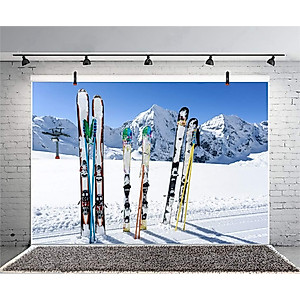 Leyiyi 10x7ft Ski Boards Stand in Snow Backdrop Cold Winter Sport Go Skiing Snow Covered Mountain Outdoor Adventure Photography Background Merry Christmas New Year Photo Studio Prop Vinyl Wallpaper