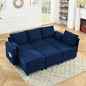 kevinplus 112.6" Modular Sectional Sofa Couch with Storage for Living Room, Modern Contemporary 4-Seat U-Shape Sofa Couch 2 Reversible Ottoman for Apartment, Corduroy Velvet, Navy Blue (2 Ottoman)