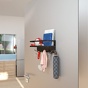 YJSMO 6 Hooks Magnetic Key Holder,Magnetic Key Racks with Tray,Magnetic Key Hooks,Magnetic Shelf for Keys,Letters, Coat Hooks,Used in Kitchen or Office,Made of Steel (Black, Medium)